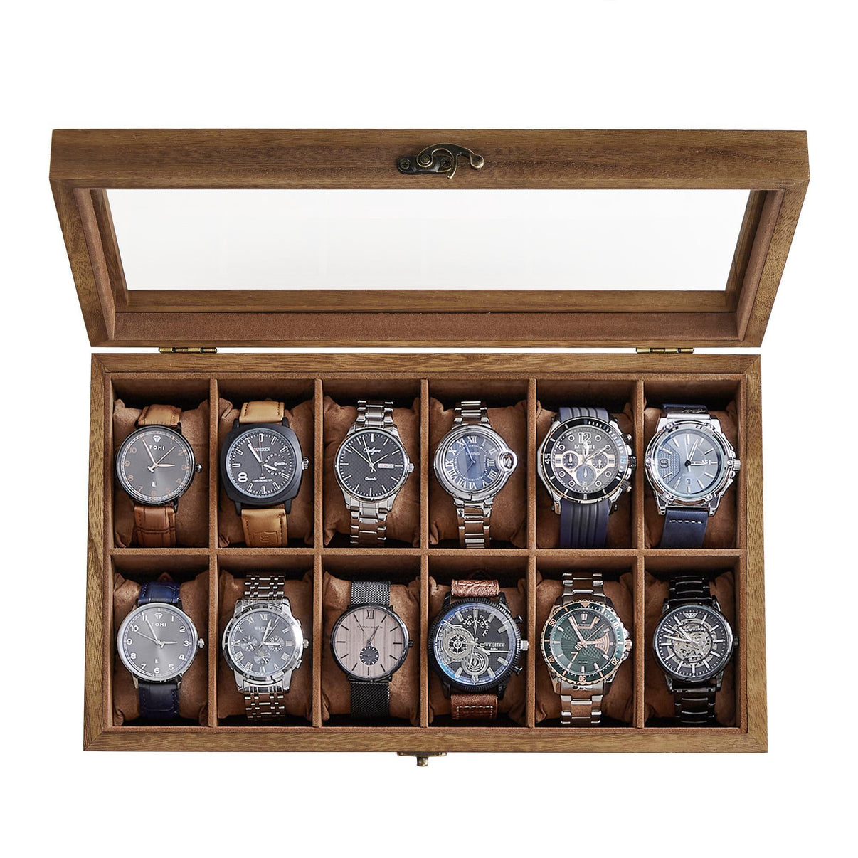 SONGMICS 12-Slot Wooden Watch Box – Rustic Walnut – Clarington Liquidation